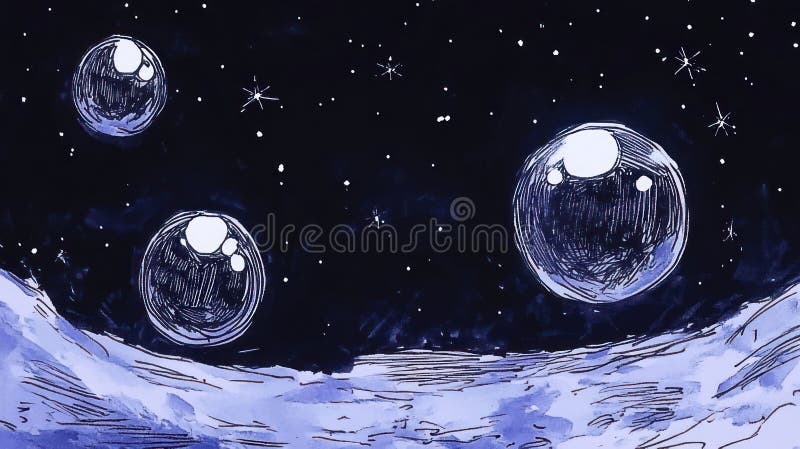 A Surreal Space Scene Featuring Large Bubbles Against a Starry Night ...