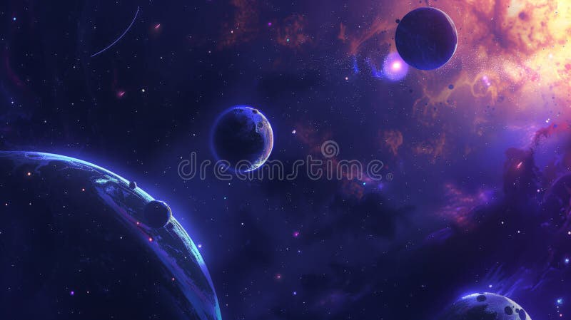 Surreal Space Scene with Multiple Planets and Stars Stock Illustration ...