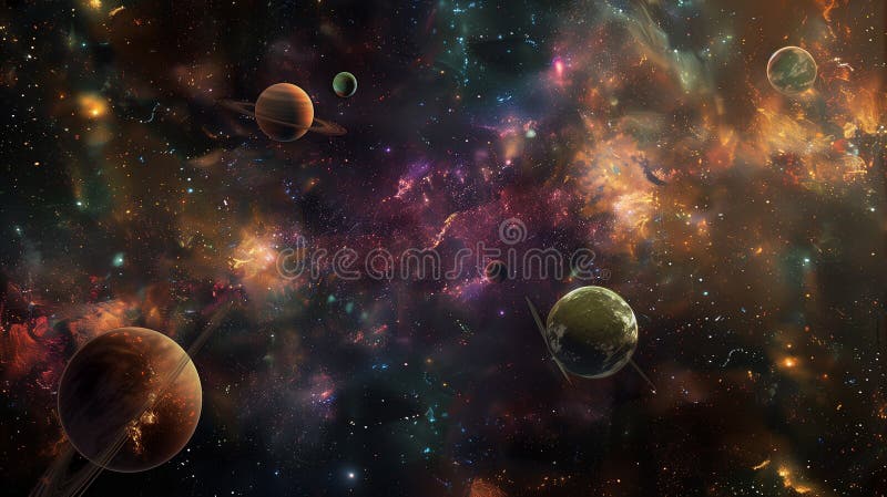 Surreal Space Scene with Multiple Planets and Stars Stock Illustration ...