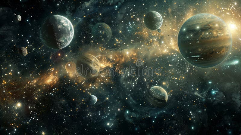 Surreal Space Scene with Multiple Planets and Stars Stock Illustration ...