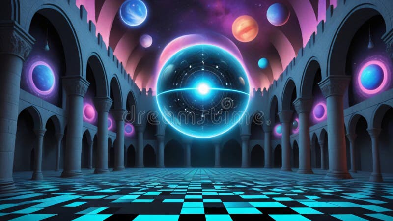 A Surreal Space Scene with Planets and Nebulae, Depicted within a ...