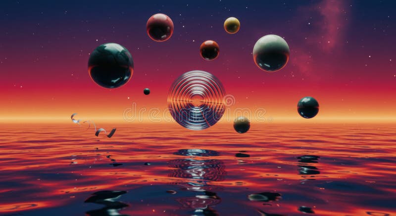 Surreal Spheres Hovering Over Vibrant Sunset Ocean Stock Photo - Image ...
