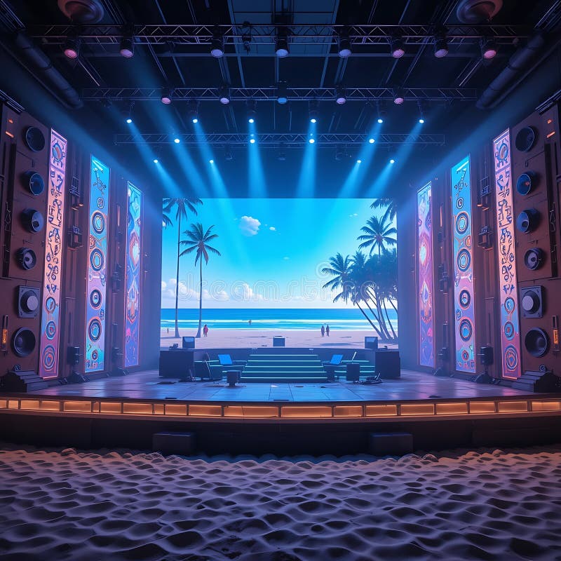 Surreal Stage Design with Beach Backdrop and Sand Floor Stock ...