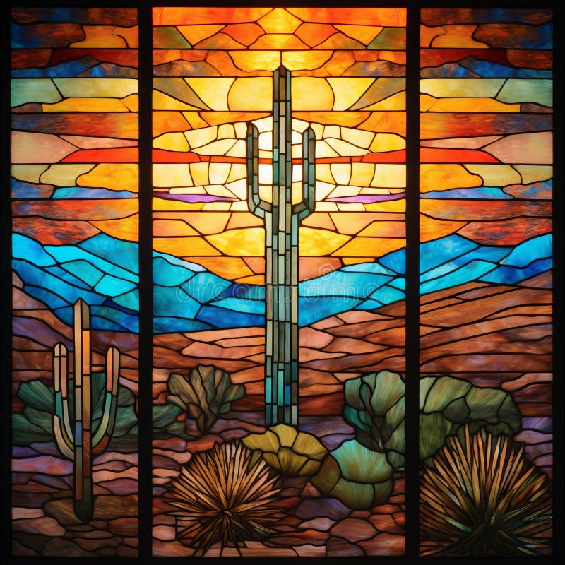Surreal Stained Glass Panel of Arizona Desert Sunset and Cactus Stock ...