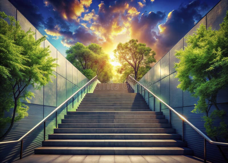 Surreal Staircase Ascends through a Cloudy Forest a 3D Architectural ...