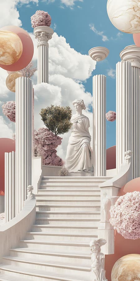 Surreal Staircase Leading To Heaven with White Columns Generated Using ...