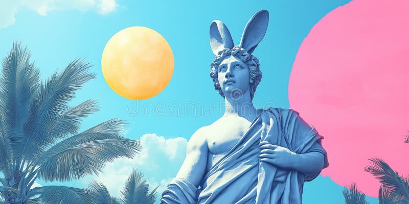 Surreal Statue with Bunny Ears, Tropical Palms, and Vibrant Sun and ...