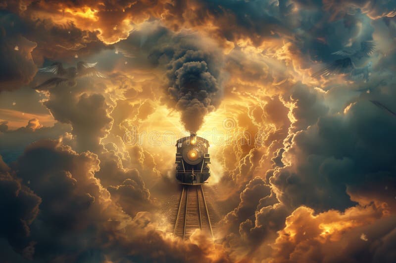 Surreal Steam Train Emerging from Clouds at Sunset Stock Illustration ...
