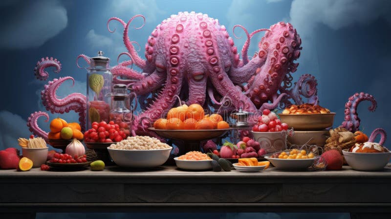Surreal Still Life with Octopus and Fruit Stock Illustration ...