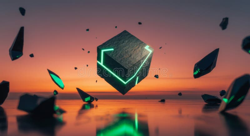 Surreal Stone Cube with Neon Lights Floating at Sunset Over Water ...