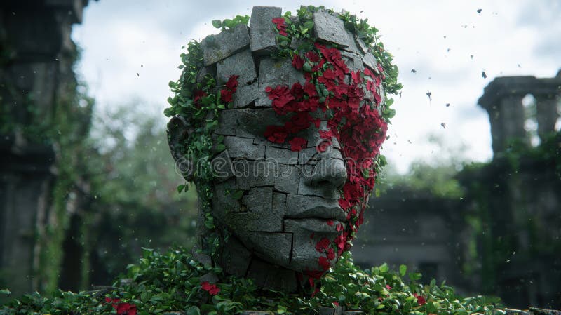 Surreal Stone Face Sculpture Covered in Lush Greenery and Red Flowers ...