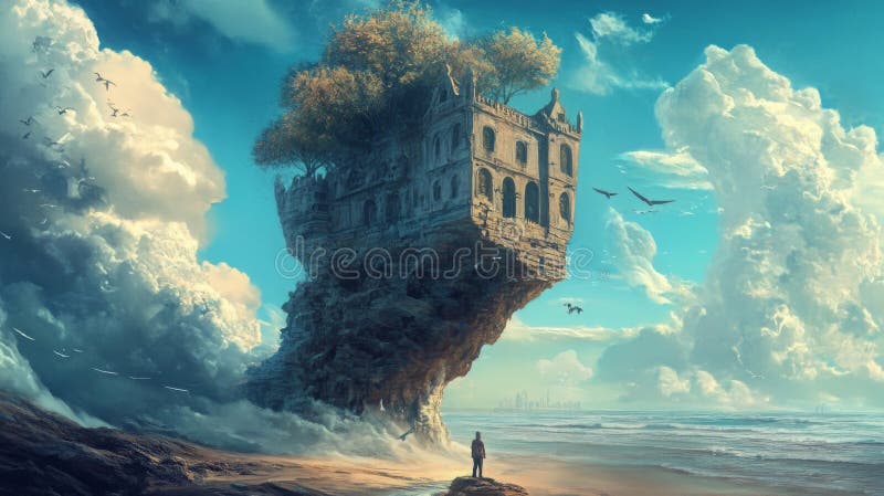 Surreal Stone House with Tree on Cliffside Over Ocean Stock ...