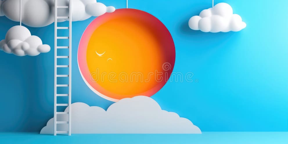 Surreal Sun and Clouds with Ladder on Blue Sky Background Stock Image ...