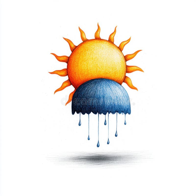 Surreal Sun and Rain Cloud Illustration with Dripping Water Stock ...