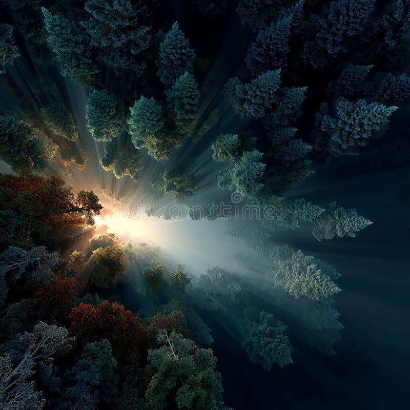 Surreal Sunburst through Dense Forest Canopy with Radial Trees Stock ...