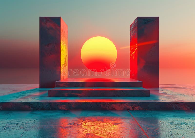 Surreal Sunset between Abstract Monolithic Structures on Reflective ...