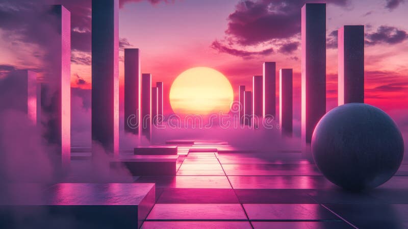 A Surreal Sunset Illuminates a Geometric Landscape, Highlighting Tall ...