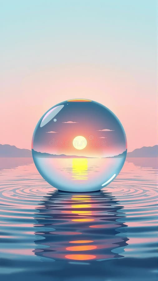 Surreal Sunset Inside Crystal Sphere Reflecting on Rippling Water at ...