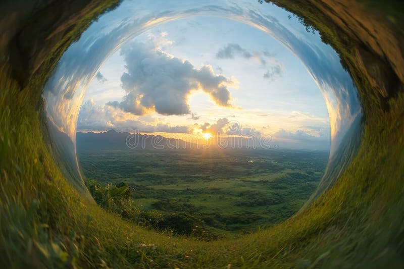 Surreal Sunset Landscape through Circular Frame with Lush Greenery ...