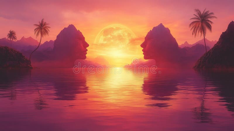 Surreal Sunset with Mountain Faces Reflected on Calm Ocean Stock Image ...