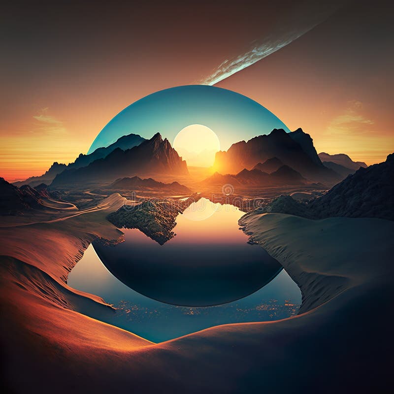 Surreal Sunset between Mountains with Reflection on Lake Stock ...