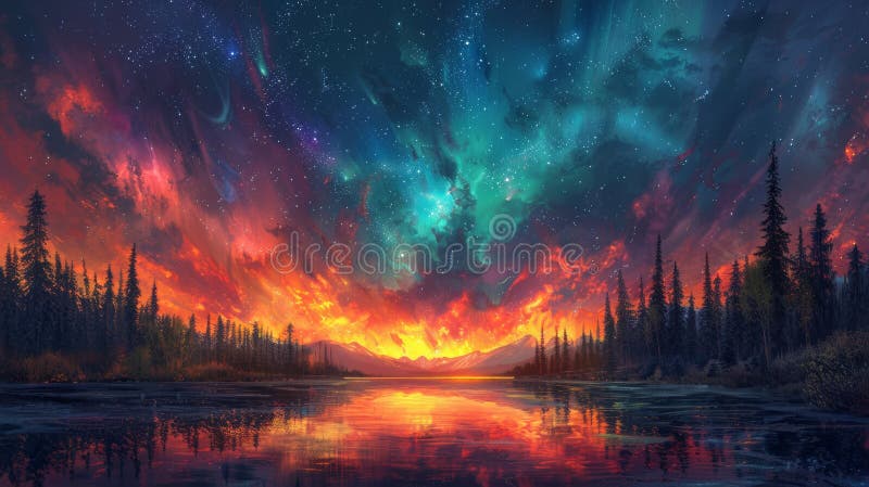 Surreal Sunset with Northern Lights Over a Forest Lake Stock Photo ...