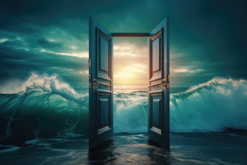 Surreal Sunset through an Open Door Amidst Ocean Waves Stock ...