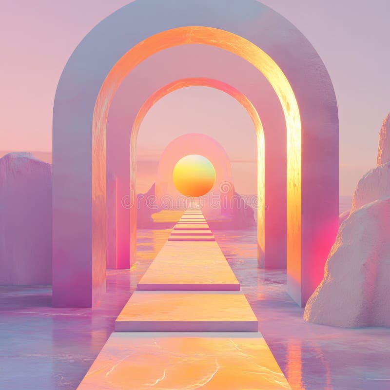 Surreal Sunset Pathway with Glowing Arches and Floating Sphere in ...