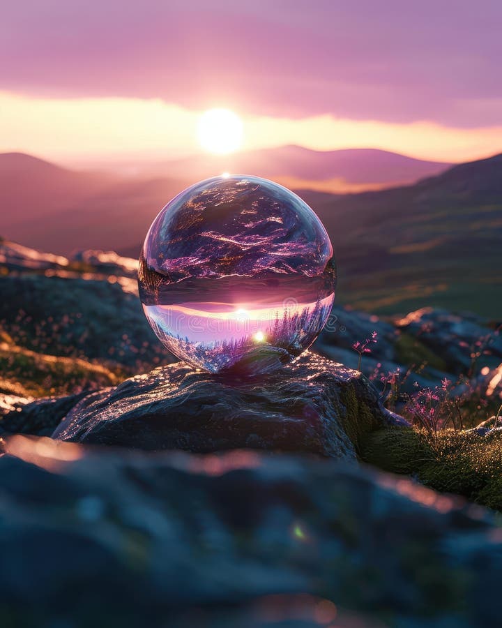 Surreal Sunset Reflected in a Glass Sphere Stock Illustration ...