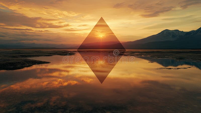 Surreal Sunset Reflection Over Calm Lake with Artistic Triangle Overlay ...