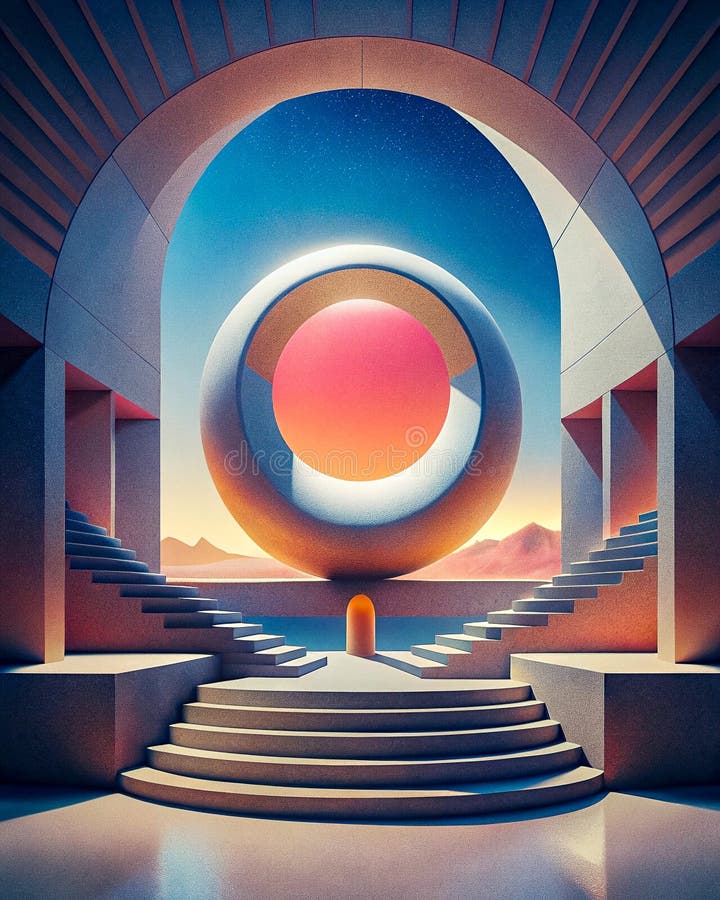 Surreal Sunset in a Stylized Architectural Dreamscape Stock ...