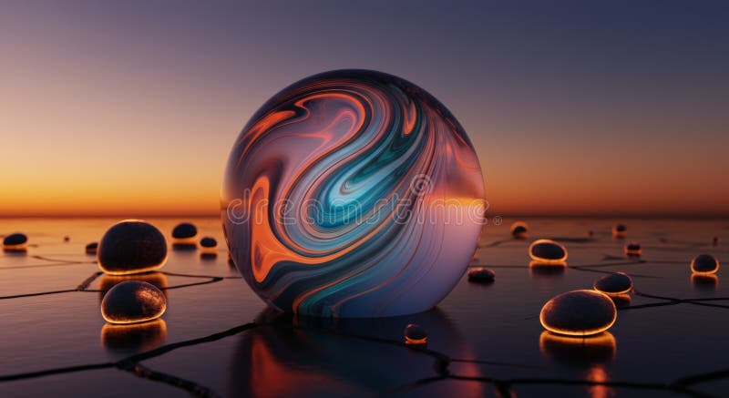 Surreal Swirling Sphere on Reflective Surface at Sunset with Glowing ...