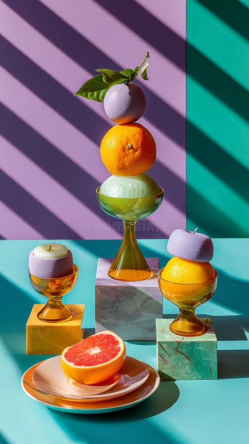 Surreal Table Arrangement with Color-blocked Fruits and Geometric ...