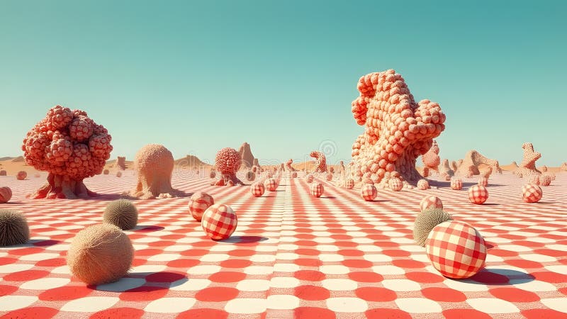 A Surreal Landscape with Checkered Ground and Odd Trees Stock ...