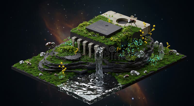 Computer Chip Nature Scene with Moss, Waterfall and Insects Art Stock ...