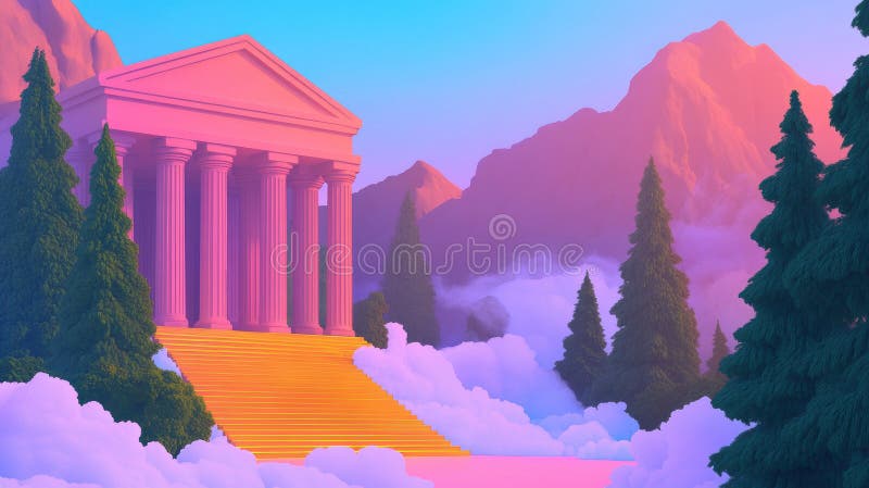 Surreal Temple in Pastel Dreamscape with Pine Trees and Mountains at ...
