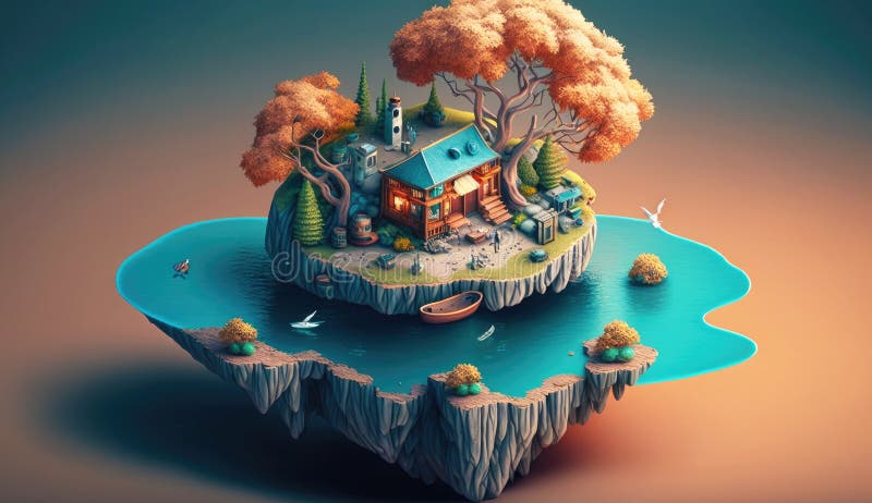 Surreal Tiny Island with House Stock Illustration - Illustration of ...