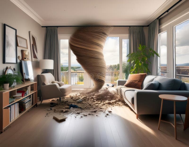 A Surreal Tornado Swirling through a Living Room, Causing Chaos and ...