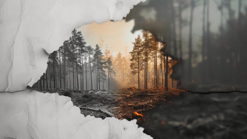 Surreal Transition of Forest Fire through Torn Paper Effect Stock Image ...