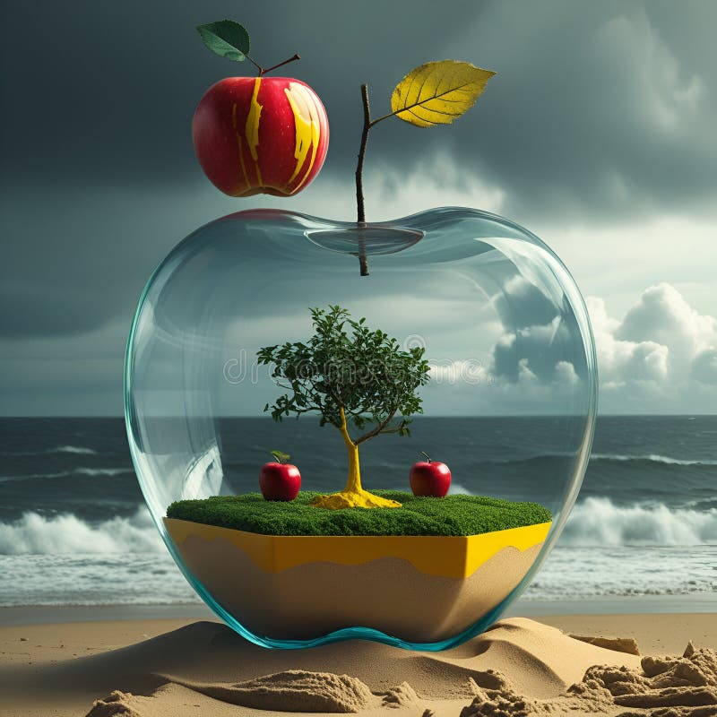Surreal Transparent Apple Container on Sandy Beach Stock Illustration ...