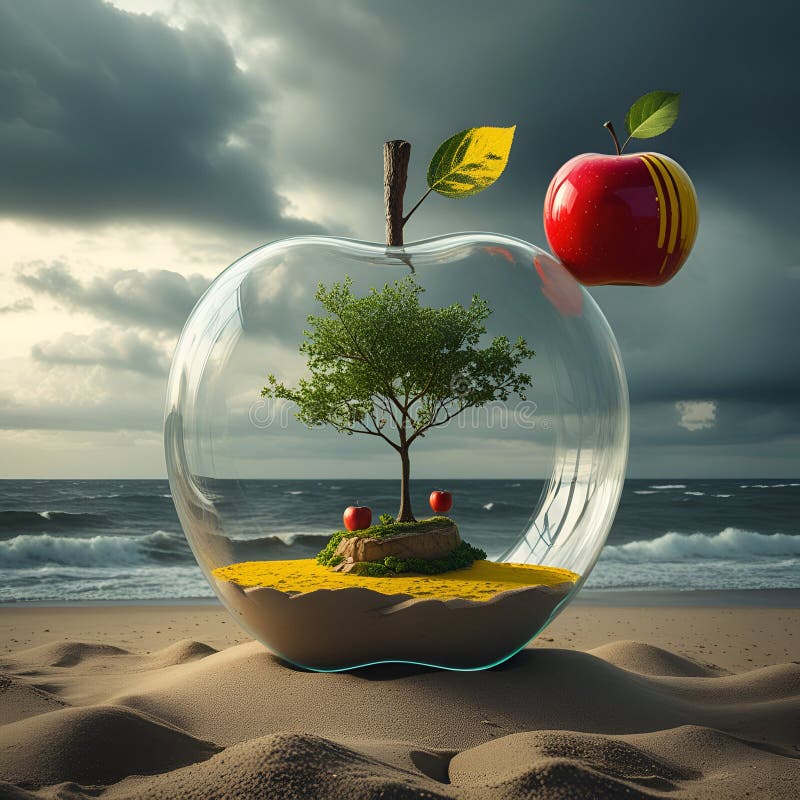 Surreal Transparent Apple Container on Sandy Beach Stock Illustration ...