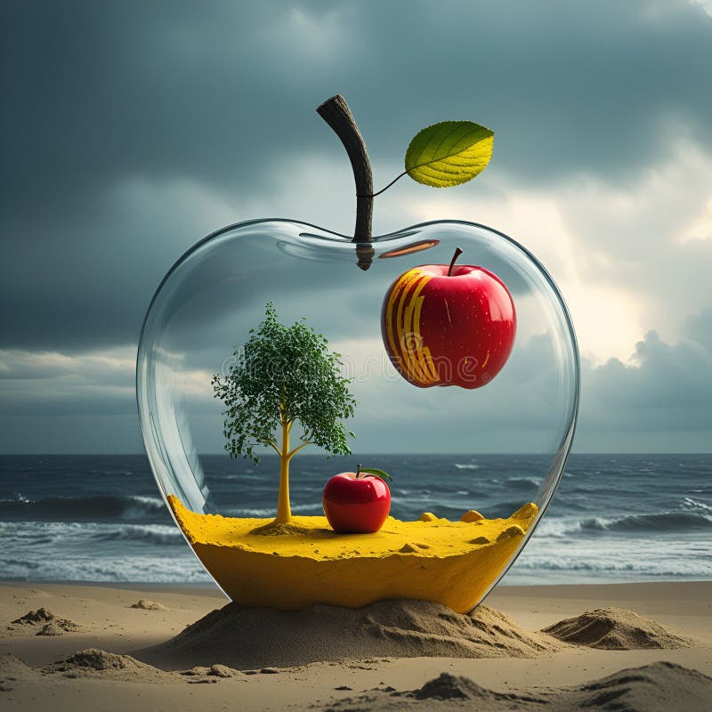 Surreal Transparent Apple Container on Sandy Beach Stock Illustration ...