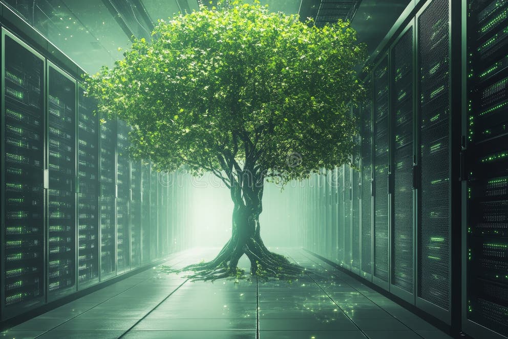 Surreal Tree Amidst Server Racks in Digital Data Center Environment ...