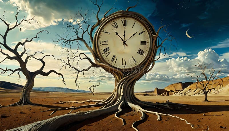 Surreal Tree with Clock in a Desert Landscape Stock Photo - Image of ...