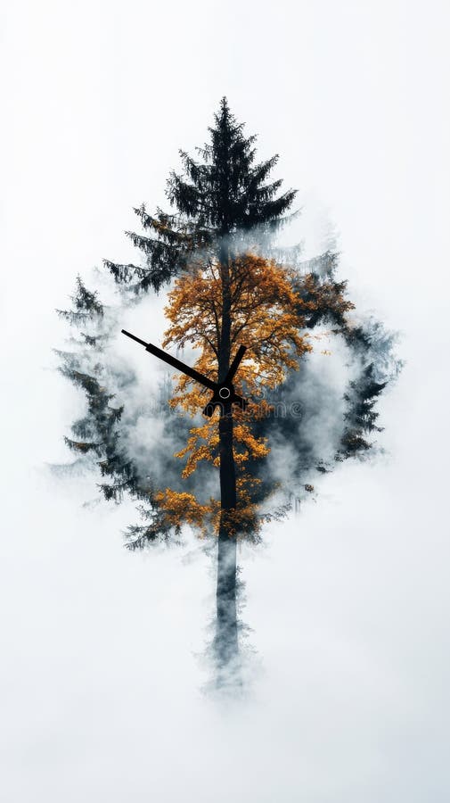 Surreal Tree Clock with Fog: Blending Nature and Time in Eerie ...