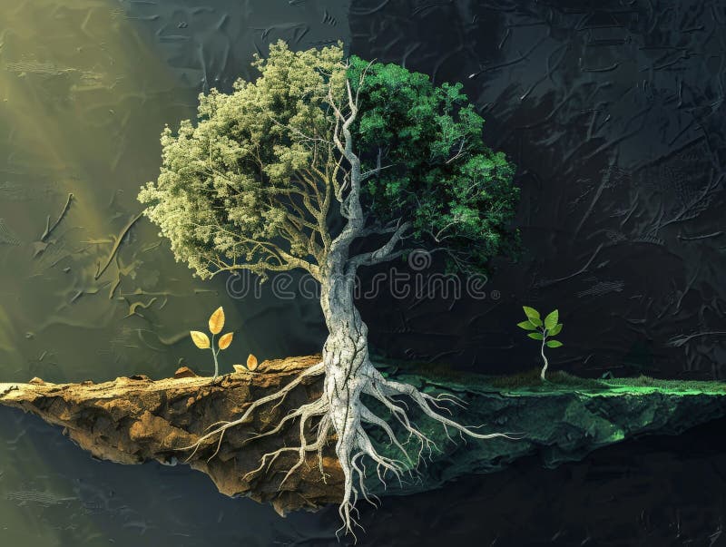 Surreal Tree with Exposed Roots on Floating Island in Abstract Artistic ...