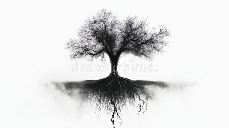 Surreal Tree with Exposed Roots and Reflection in Minimalist Black and ...