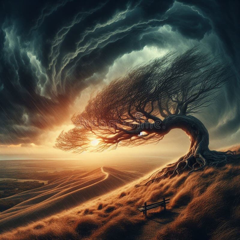A Surreal Tree in the Fight Against the Elements. a Tree on a Hill is ...