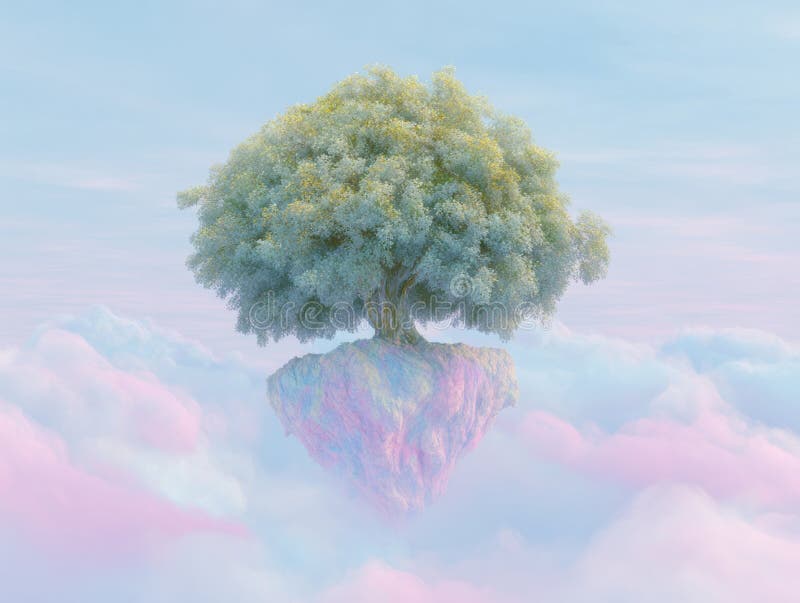 Surreal Tree Growing on Floating Island in Dreamy Sky Stock ...