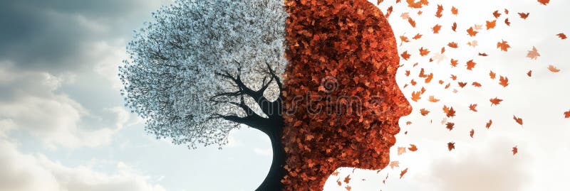 Surreal Tree and Human Profile with Falling Leaves Depicting Duality ...